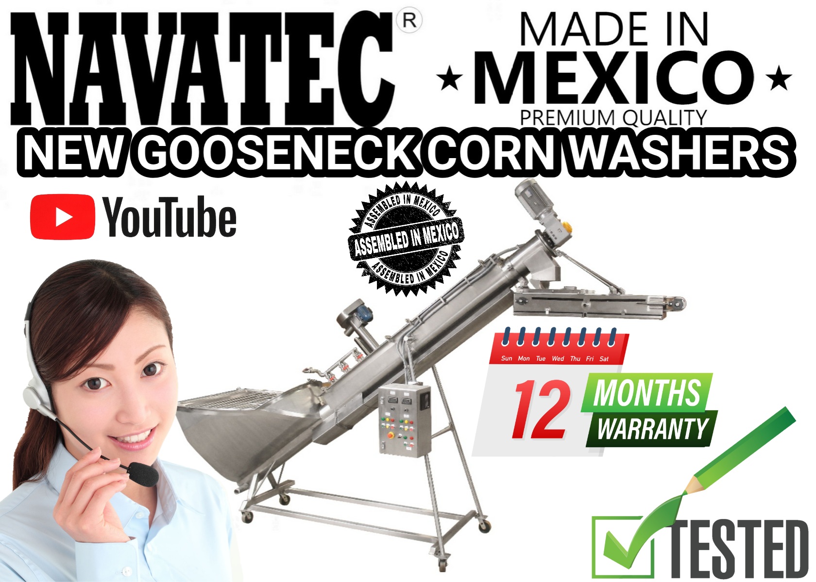 Navatec Gooseneck (low-boy) corn washers for sale - Tortillaworld.com